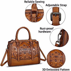 Genuine Leather Satchel for Women Embossed Leather Top Handle Bags Handmade Purse Vintage Crossbody Handbags Hobo Bag (Brown)