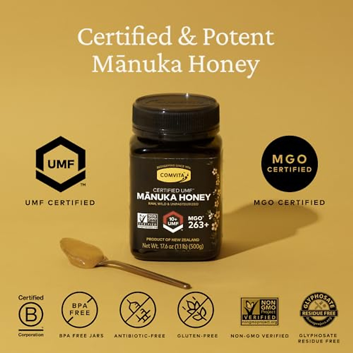 Comvita Manuka Honey (UMF 10+, MGO 263+) New Zealand’s 1 Manuka Brand Premium Superfood for Nourishing Wellness Raw, Wild, Non-GMO 17.6 oz