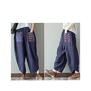 Minibee Women's Baggy Linen Wide Leg Trousers Casual Patchwork Elastic Waist Harem Pants Navy Blue 2XL