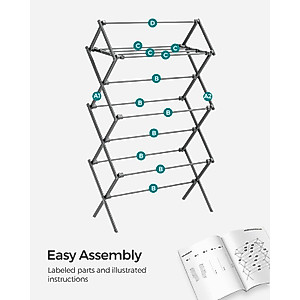 SONGMICS Foldable Clothes Drying Rack, Laundry Drying Rack, Clothes Airer, Steel Frame, 14.6 x 29.5 x 53.2 Inches, Easy Assembly, Indoor Outdoor Use, Gray ULLR770G01
