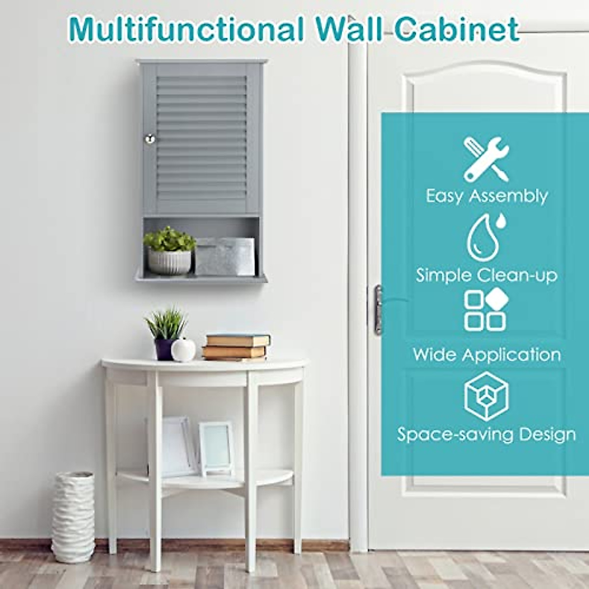 Bathroom Wall Cabinet, Wall Mounted Medicine Cabinet w/Single Louver Door, Adjustable Shelf, Bathroom Cabinet Wall Mounted Wooden Bathroom Storage Cabinet Over Toilet Laundry Room Kitchen (Gray)