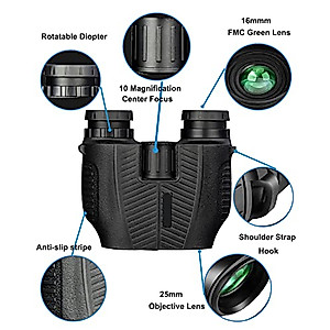 Compact Binoculars for Kids and Adults, 10X25 High Power Binoculars with Low Light Vision, Easy Focus Binoculars for Bird Watching,Hunting,Travel,Outdoors