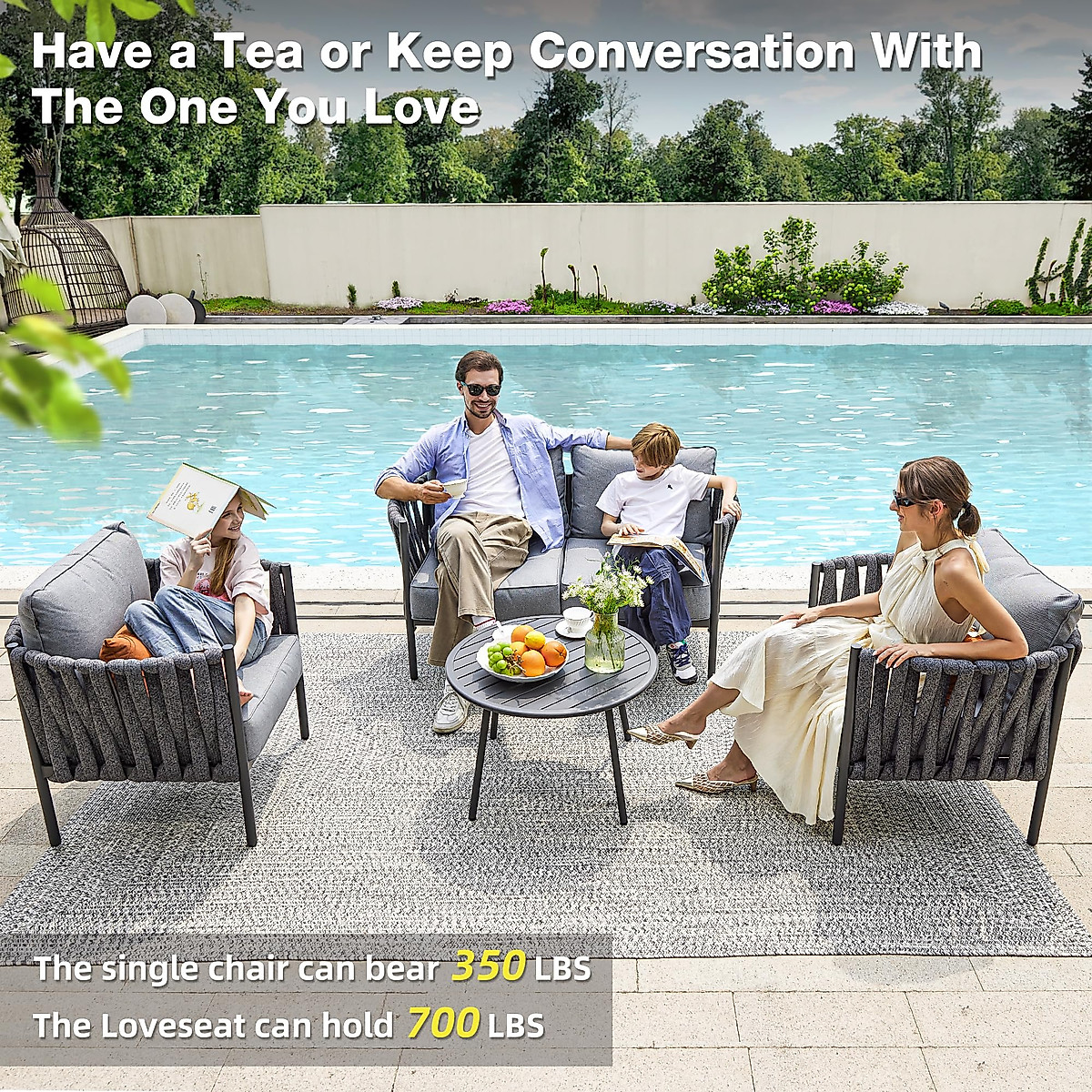COMLAX FIELD 4 Pieces Patio Furniture Sets, Modern Patio Conversation Set, Outdoor Furniture Set with Table, Metal Patio Furniture Set with Removable, Washable and Thicken Cushions, Grey