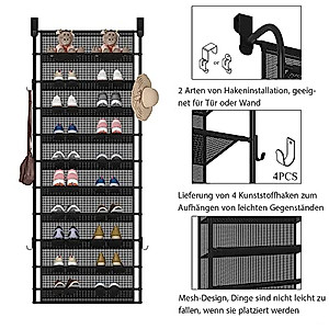 FKUO 10-Tier Over The Door Shoe Organizer Hanging Shoe Storage with 2 Customized Strong Metal Hooks for Closet Pantry Kitchen Accessory - Space Saving Solution (10 Layer, Black&Hooks)