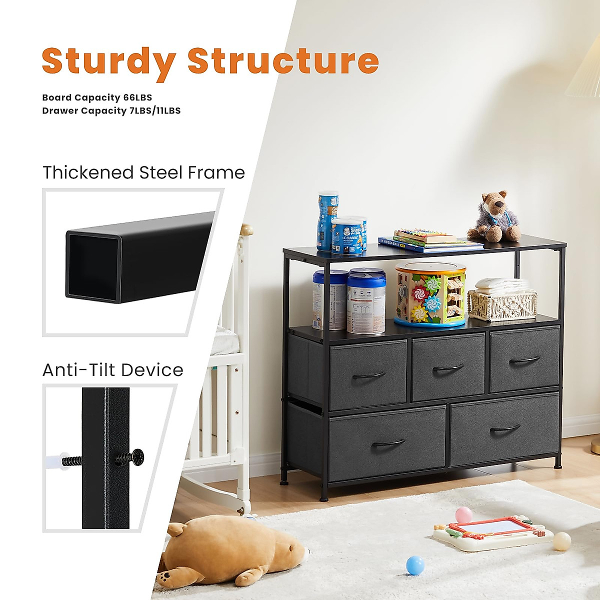 Sweetcrispy TV Stand for Bedroom, TV Dresser for 45 inches, Media Console Table, Entertainment Center with 5 Fabric Drawers Cabinet and Open Storage Shelf Furniture Cabinet for Living Room, Hallway