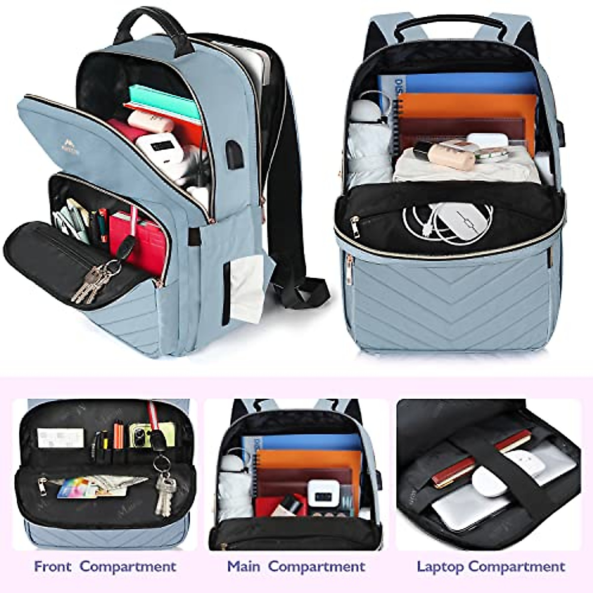 MATEIN 15.6 Laptop Backpack, Quilted Cute Slim Backpacks for Women with Luggage Strap & Leather Handle, Lightweight Fashion Travel Computer Bag Padded Durable Casual Daypack for Office, Business, Blue