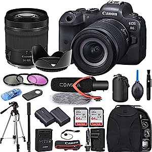 Camera Bundle for Canon EOS R6 Mirrorless Camera with RF 24-105mm f/4-7.1 is STM Lens, Extra Battery, Pro Microphone + Accessories Kit (Renewed)