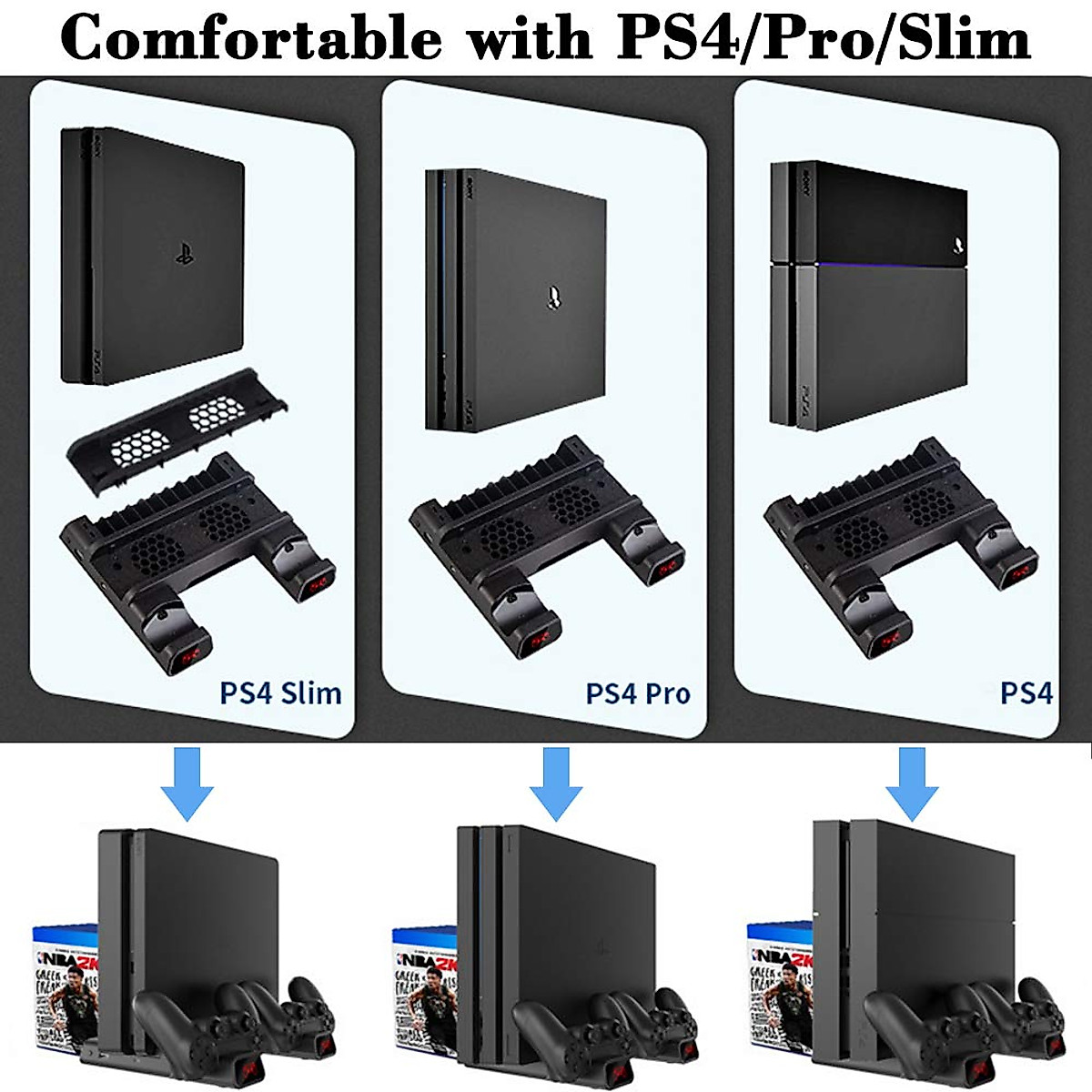 Megadream Cooling Fan Stand for PS4, Dual Controller Charge Station for PS4 Slim/PS4 Pro/Playstation 4, Multifunctional Vertical Cooling Stand with LED Indicator, 10PCS Games Storage, 4 Usb Connectors