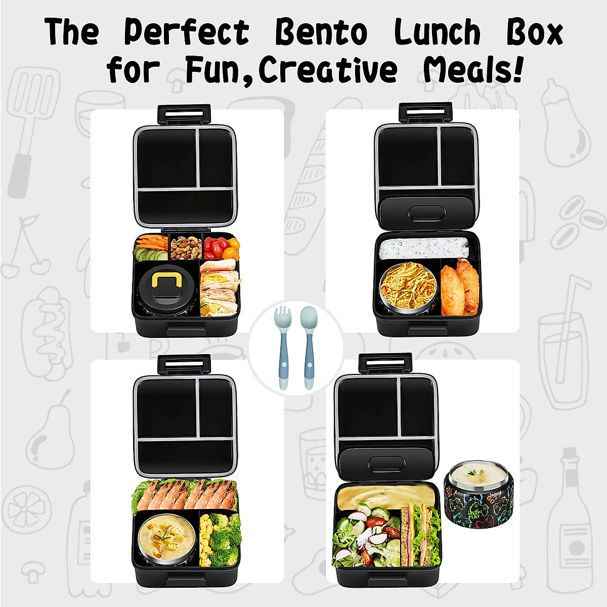 JXXM Bento Lunch Box for Kids With 8oz Soup thermo,Leak-proof Lunch Containers with 5 Compartment,thermo Food Jar and Lunch Bag, Food Containers for School (A-Black(Game Consoley))