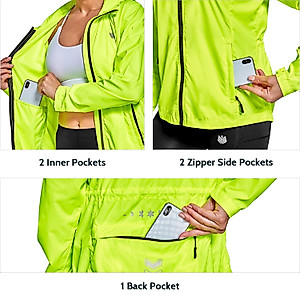 FitsT4 Sports Women's Cycling Running Jackets Lightweight Windproof Bike Windbreaker Reflective with Hood Fluorescent Yellow Size S