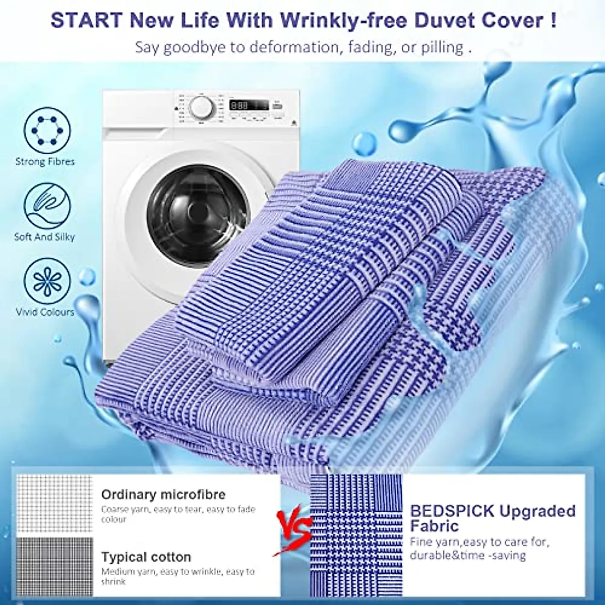 BedsPick Velvet Duvet Cover Set California King 3 Pieces, Navy Blue Soft Reversible Comforter Cover Sets, Plaid Striped Duvet Cover, 1 Duvet Cover 104x98 inches and 2 Pillow Sham