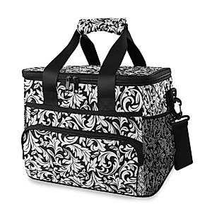 Seamless Gold Baroque, Damask Floral Pattern in Black White Style Insulated Leak proof Cooler Large Capacity Lunch Bag with Adjustable Shoulder Strap for Camping Picnic Reusable Cooler Bag