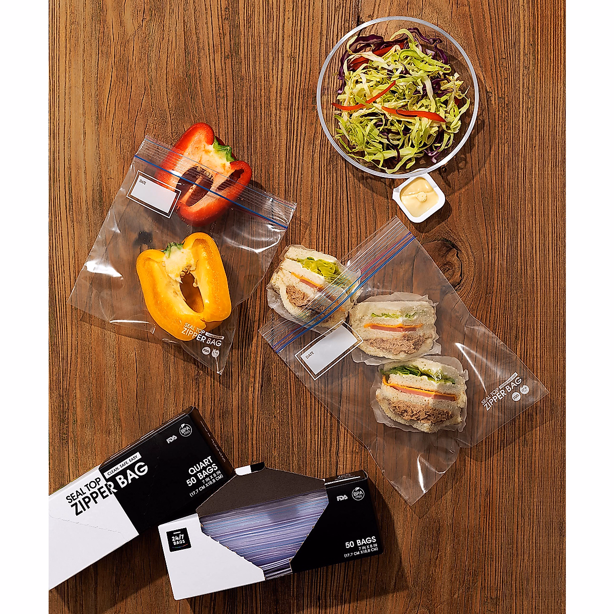 24/7 Bags- Quart Zip Storage Bags, 200 Count, Double Zipper Seal, Easy Grip Open Tabs, Write-On Space, BPA-Free & Heavy Duty, Microwave Safe, Non-StandUp