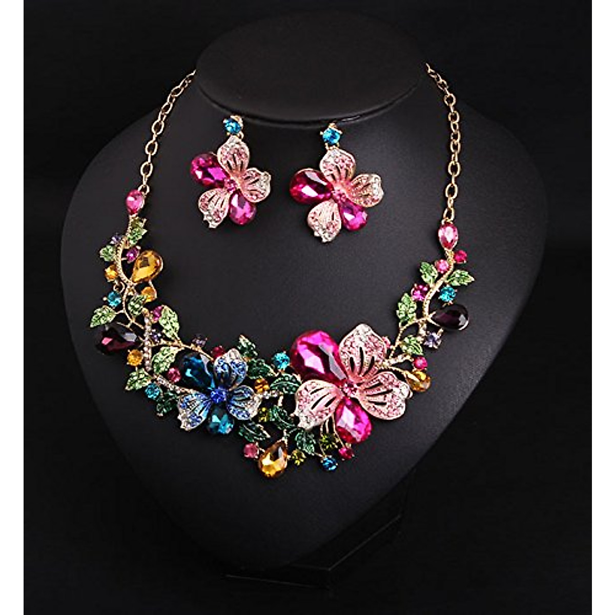 Orikycely Sunvy Noble Diamond Crystal Flower Chain Choker Collar Necklace Earrings Set