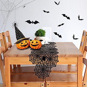 Nialnant Halloween Decoration Table Runner with 12 Pack 3D Bats, Spider Web Black Lace Table Runner for Kitchen Dinner Table, Halloween Party Decoration Indoor - 13 x 72 Inch
