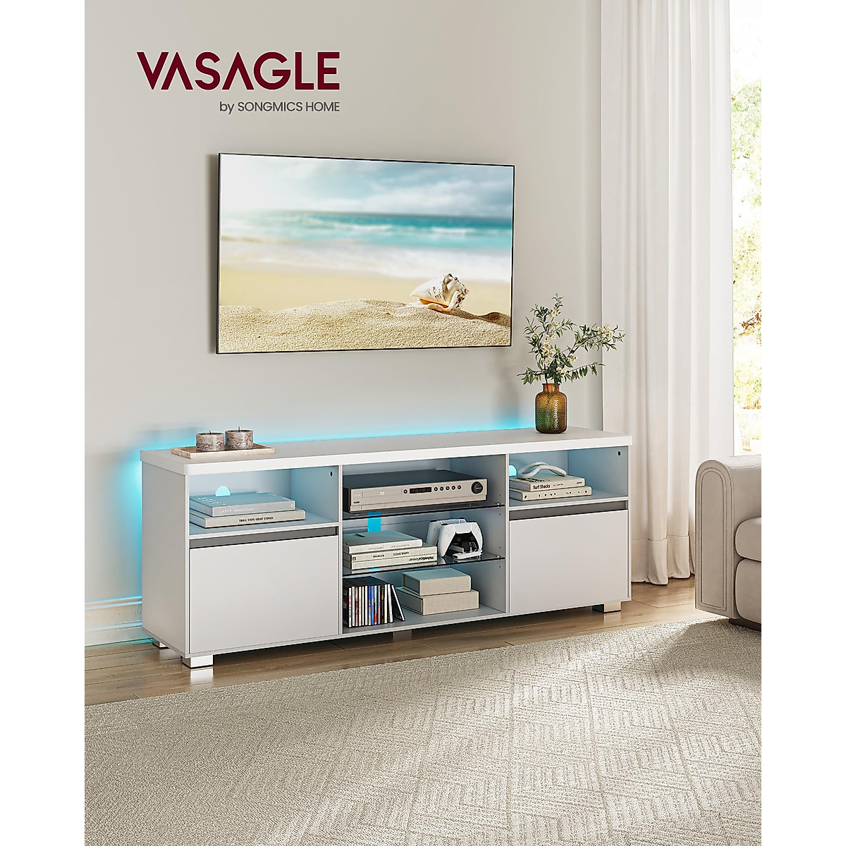 VASAGLE TV Stand with LED Lights for TVs up to 70 Inch, Entertainment Center with Open Glass Shelves, 2 Cabinets with Doors, 63-Inch Long, TV Console for Bedroom Living Room, White ULTV330T10