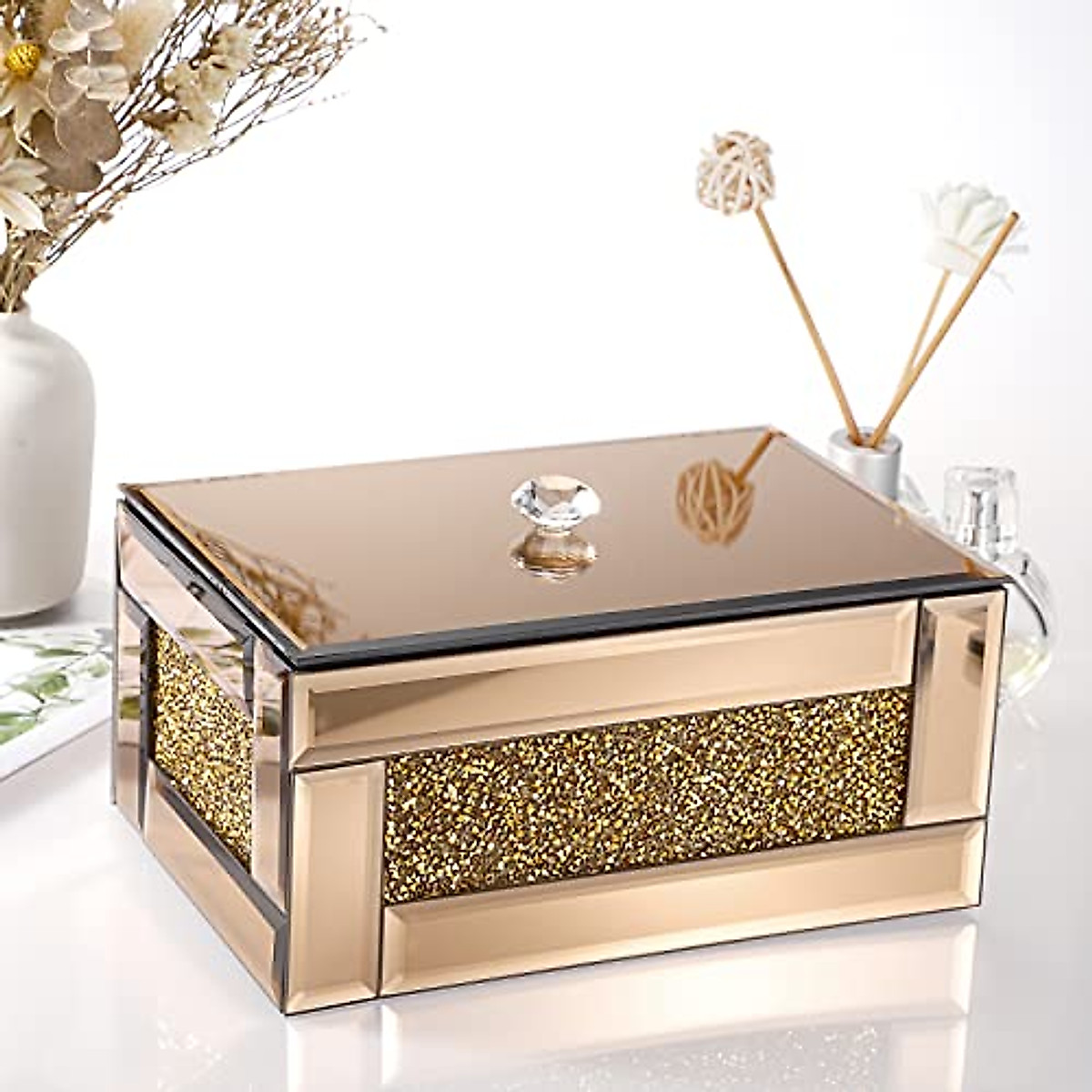 Hipiwe Glass Mirrored Jewelry Box with Crushed Diamond Decor Jewelry Trinket Organizer Box Keepsake Box Treasure Chest Case for Rings Earrings Necklace Storage Box (Large, Gold)