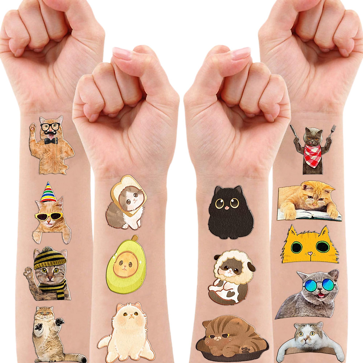 96 PCS Cute Funny Meme Cat Cats Temporary Tattoos Stickers Themed Birthday Party Decorations Supplies Decor Favors Animal Pet Puppy Tattoo Sticker Gifts For Kids Boys Girls School Prizes Christmas