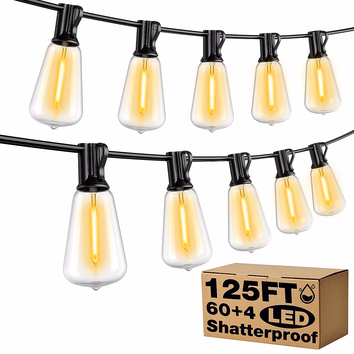 Sweepulire LED Outdoor String Lights, 125FT Patio Lights with 60+4 Shatterproof Bulbs, 2200K Warm White LED Lights Waterproof, Decorative Outdoor Lights for Porch, Deck, Garden, Backyard, Balcony