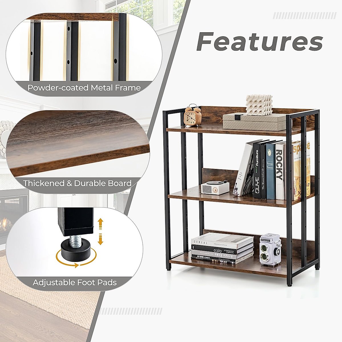 Giantex 3-Tier Bookshelf, Industrial 32" Tall Small Book Shelf with Adjustable Shelves, Adjustable Foot Pads, Anti-Toppling Device, DIY Wooden Floor Open Display Shelving, Bookcase Shelf Rack