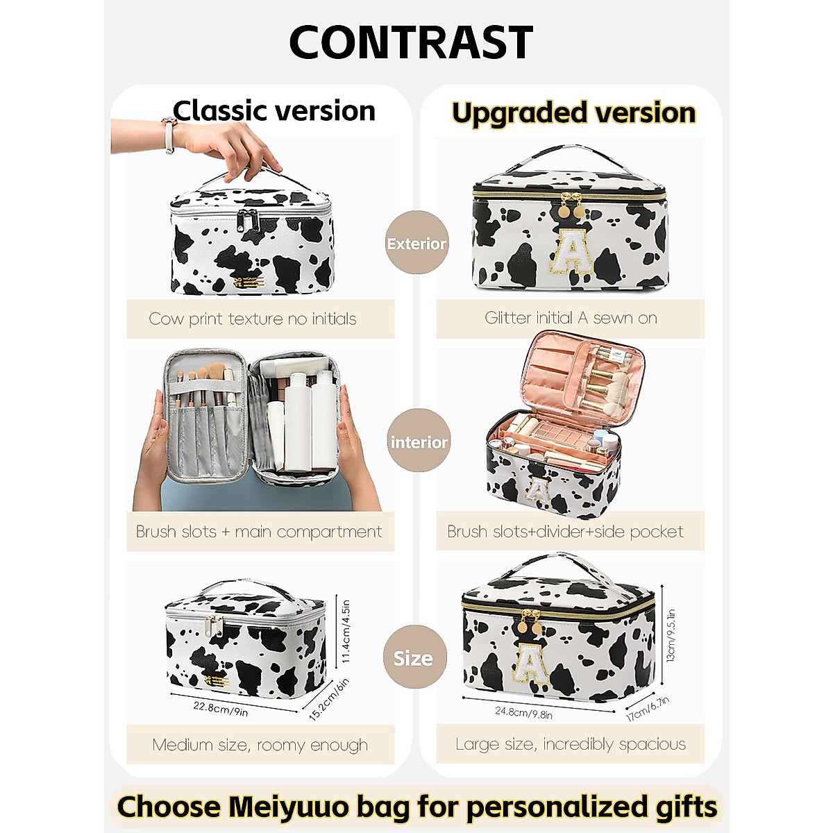 Meiyuuo Cute Makeup Bag Small Cosmetic Bags for Women Girls Gift for Teens Medium Pouch for Purse Essentials Toiletry Zip Pouch PU Waterproof Organizer Case (Cow Print)