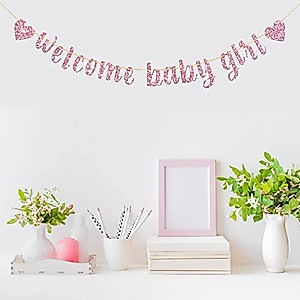 Belrew Welcome Baby Girl Banner, It's a Girl Baby Shower Decor, Gender Reveal Party, Baby Gril 1st Birthday Party Decoration Supplies, Glittery Pink