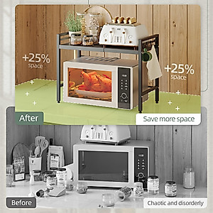 NETEL Expandable Microwave Stand,2 Tier Metal Kitchen Countertop Organizer Shelves with 8 Hooks,Bakers Rack,Microwave Shelf,Microwave Oven Rack,55lbs Weight Capacity