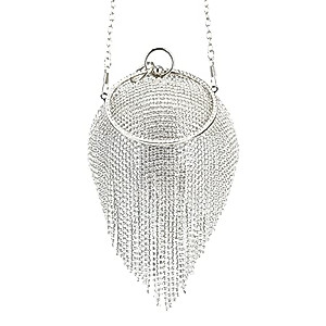 GripIt Women's Evening Round Ball Tassels Bag Diamond Clutch Purse Glitter Party Wedding Handbag with Chain,Silver