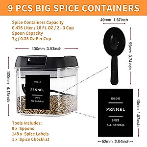 Spice Containers with Labels - 9 Pcs Large Plastic Tea Storage Containers with 148 Spice Labels and 9 Spoons - Square Airtight Spice Containers Set with black Lids for Kitchen Pantry Herbs,Coffee,Seasoning Organization