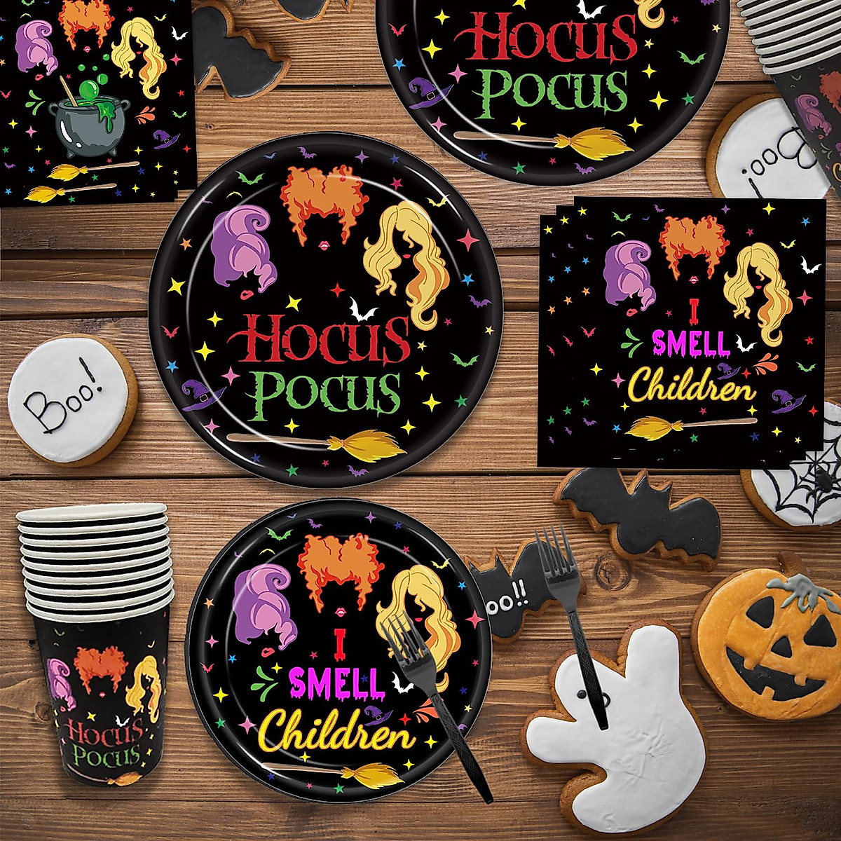 Halloween Hocus Pocus Party Tableware Set Halloween Decorations Paper Plates, Napkins, Cups, Forks for Halloween Witch Theme Party Decorations Hocus Pocus Party Supplies Favors, 24 Guests