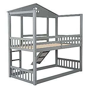 Polibi Twin Over Twin Bunk Bed with Convertible Slide and Ladder, Can be Converted into 2 Solid Wood House Platform Bed with Roof and Guardrail, Grey