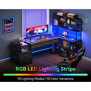 AODK 79 inch L Shaped Desk with File Drawers, Reversible L Shaped Gaming Desk with Power Outlets & LED Lights, Computer Desk with Storage Shelves for Home Office, Black