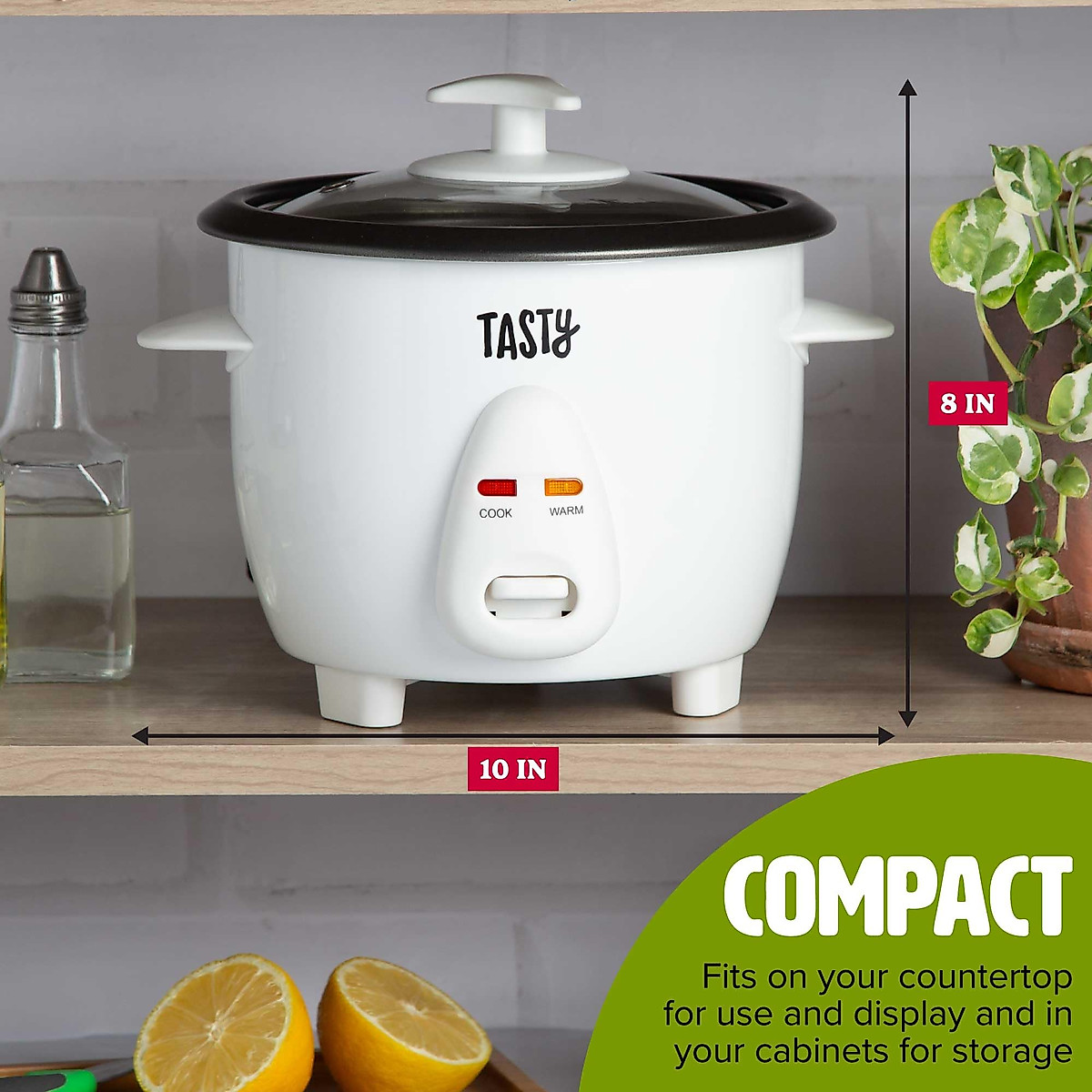 Tasty Mini Rice Cooker with Removable Nonstick Bowl and Auto Keep Warm Function, Great For Soups, Stews, Grains and Oats, 6 Cups Cooked (3 Cups Uncooked), 1.5-Quart, White