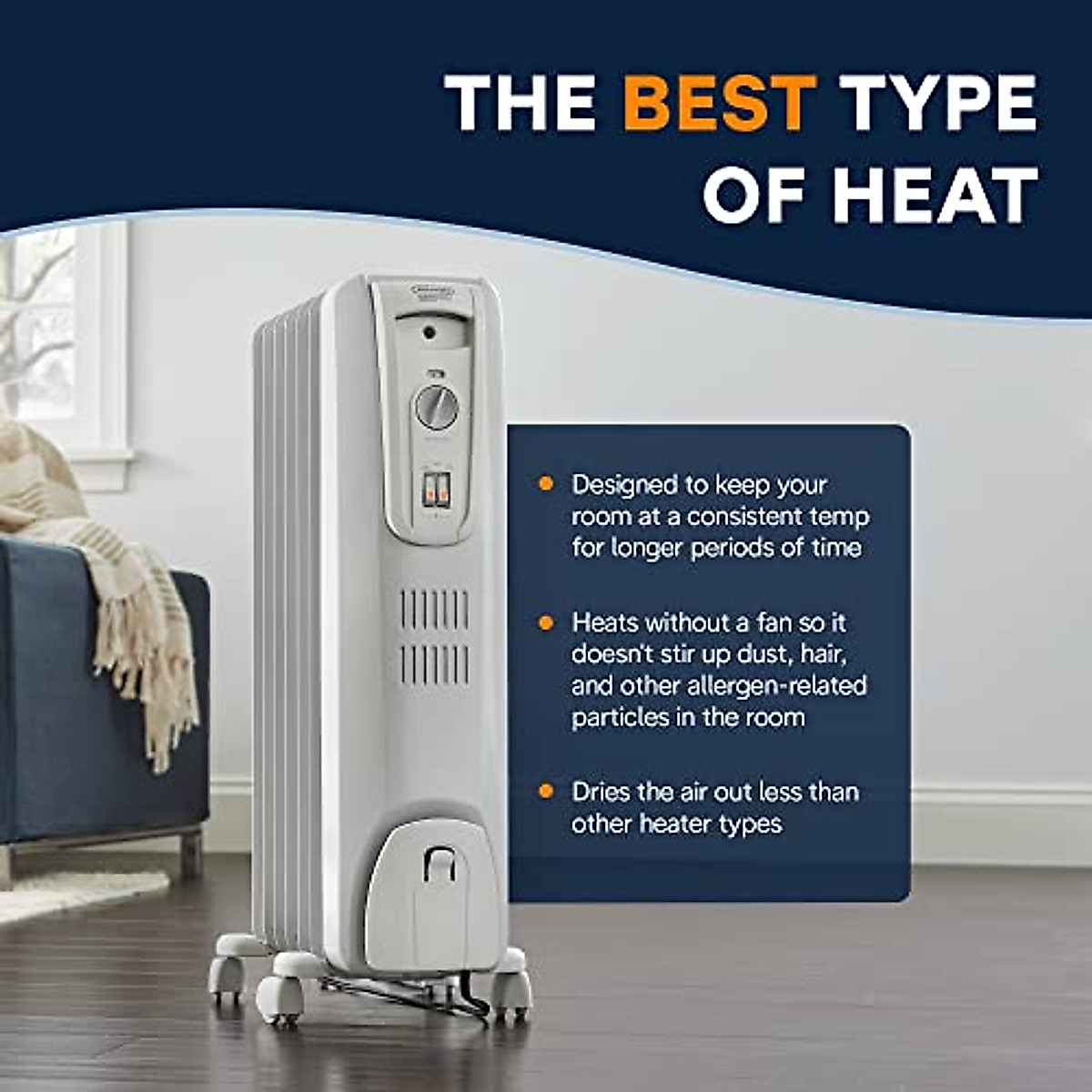 DeLonghi Oil Filled Radiant Heater, 1500W Electric Space Heater - Quiet and Portable with Anti-Freeze Function and Safety Features, TRH0715