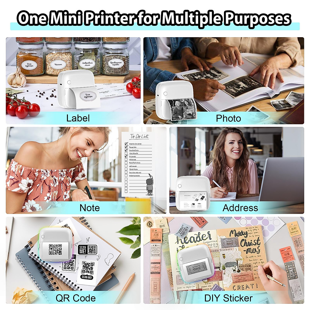 HuiJuKeJi Mini Sticker Printer with RGB Light Pocket Inkless Thermal Printer for iOS&Android, 9 Rolls Thermal Paper＆5 Color Pens, Bluetooth Smart Portable Receipt Printer for Photo Journal Notes Memo