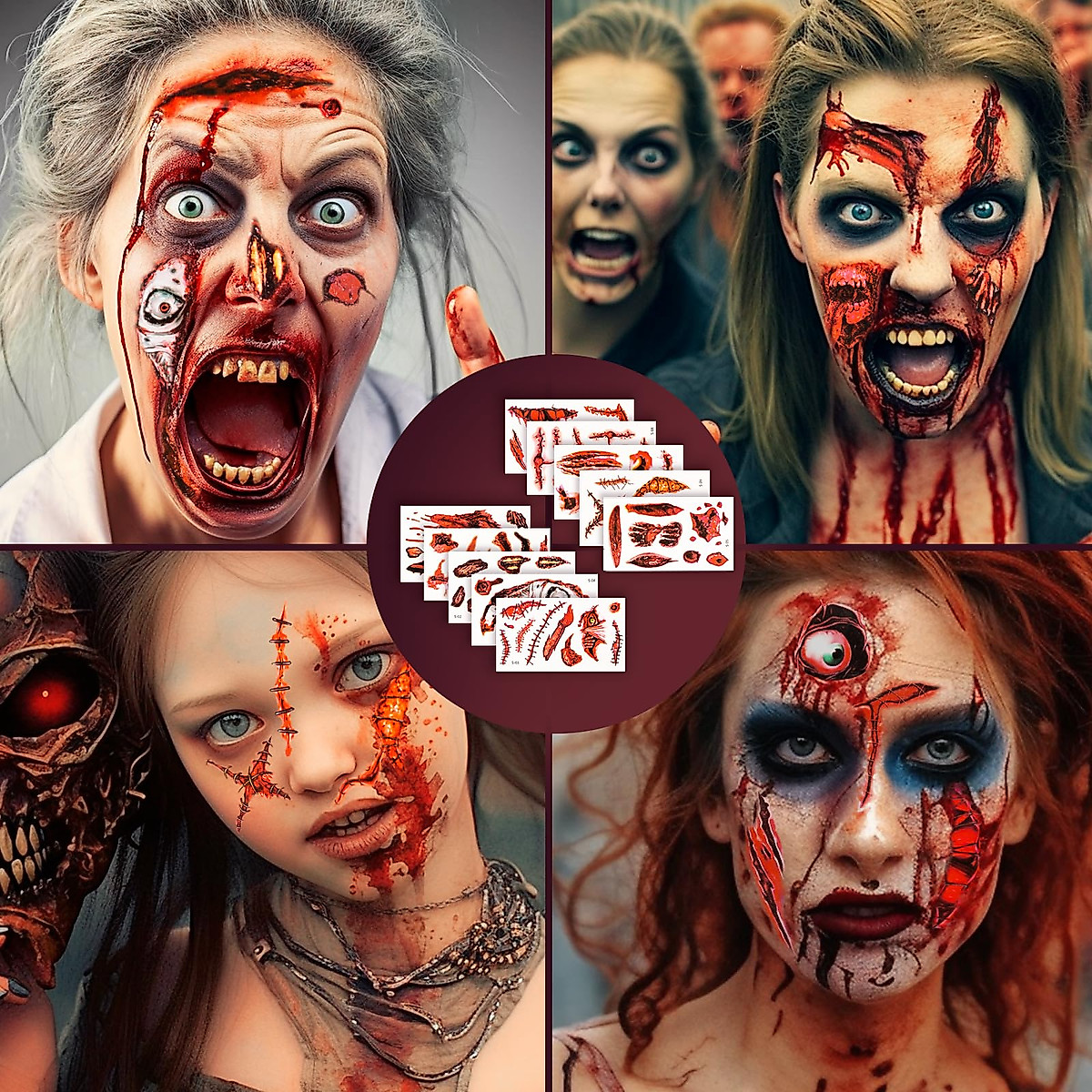 YOSENG Horror Realistic Fake Bloody Wound Stitch Scar Scab Waterproof Temporary Tattoo Sticker Halloween Masquerade Prank Makeup Props for face,body-10PC（YS-10)