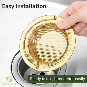 Snailhouse Sink Strainers, 2 Pack 4.5 Inches Stainless Steel Kitchen Mesh Sink Drain Basket Food Catcher with Wide Rim and Handle, Gold