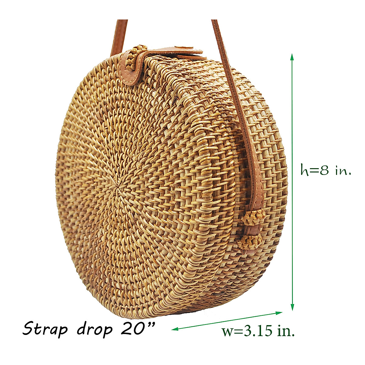 HAAN Handwoven Round Rattan Bag Made In Vietnam - Natural Stylish & Chic – Shoulder Real Leather Adjustable Strap