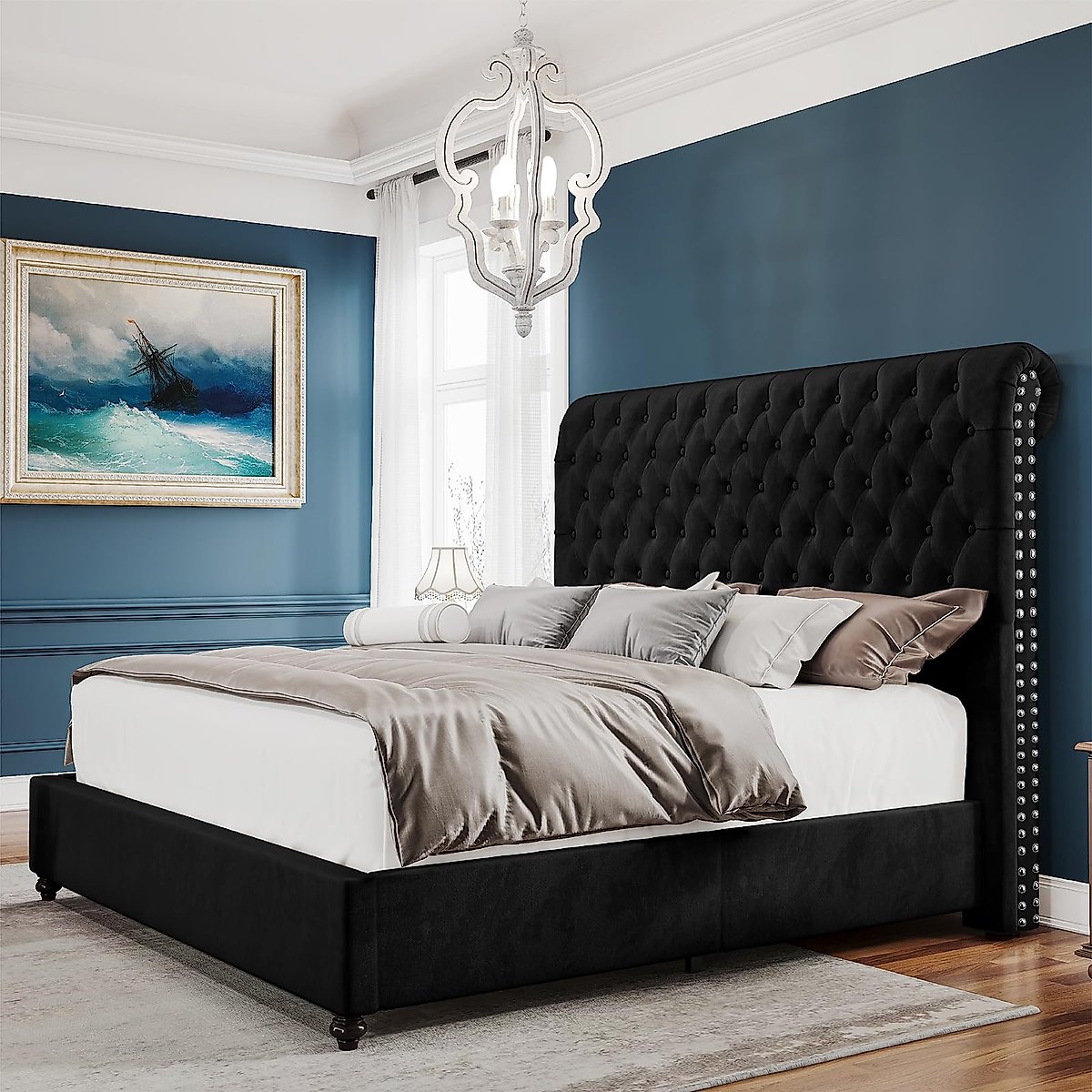 PaPaJet King Bed Frame Upholstered Platform Bed Frame with 52.8'' Tall Sleigh Headboard, Button Tufted, No Box Spring Needed, Easy Assembly, Black