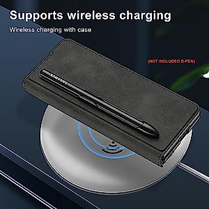 DEMCERT for Samsung Galaxy Z Fold 5 with [Fold4 Edition Pen Slot],Military Armor Full Body Protective Anti-Scratch Hard Leather Bracket Case with Screen Protector Wireless Charger (Black)