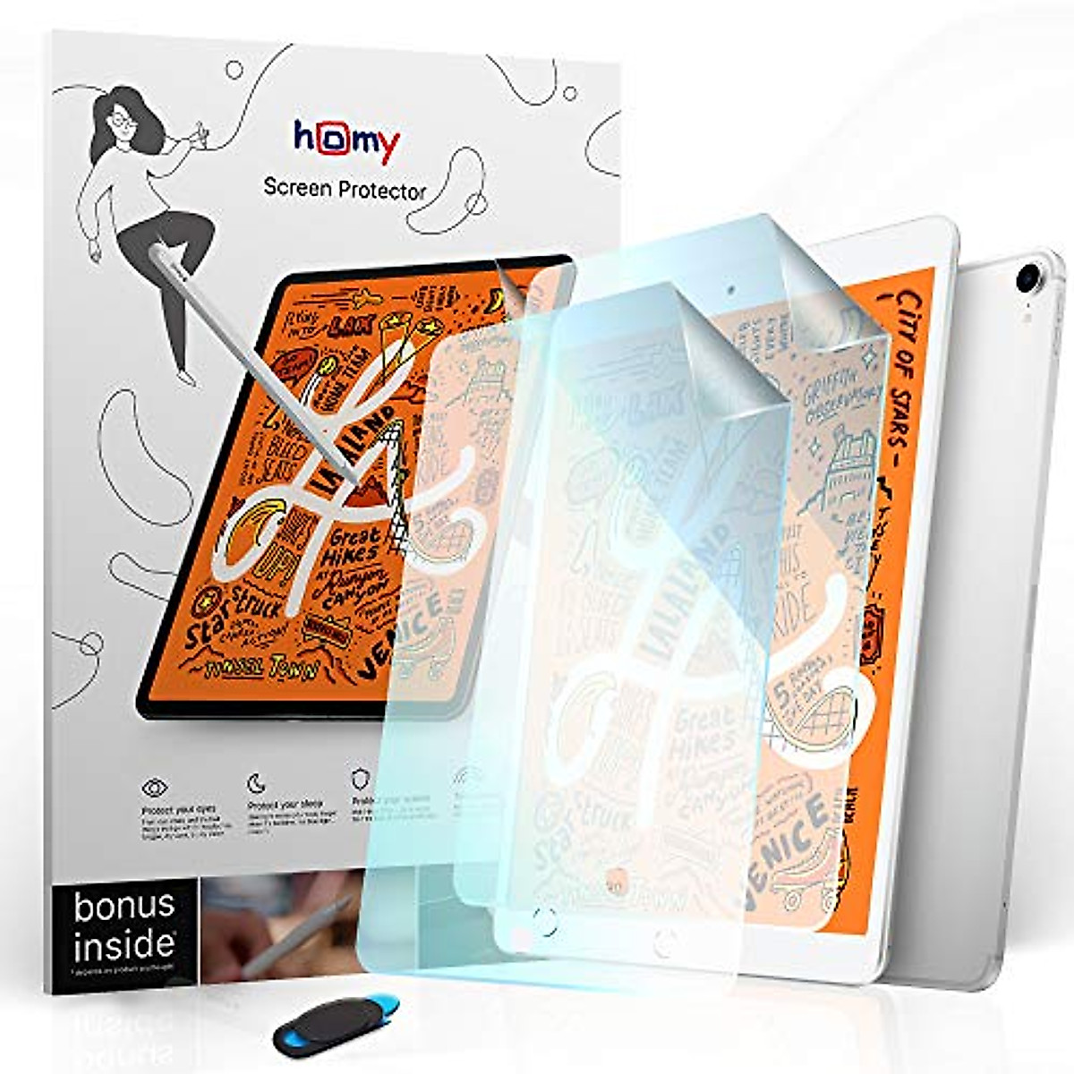 Homy Paperfeel Screen Protector Kit [2-Pack] for iPad 10.2 2019-2023. Anti-Blue Light (Eye Care) Protection. Anti-Glare Matte Surface for Drawing, Great Sensitivity. Scratch Proof. Bonus: WebCam Cover