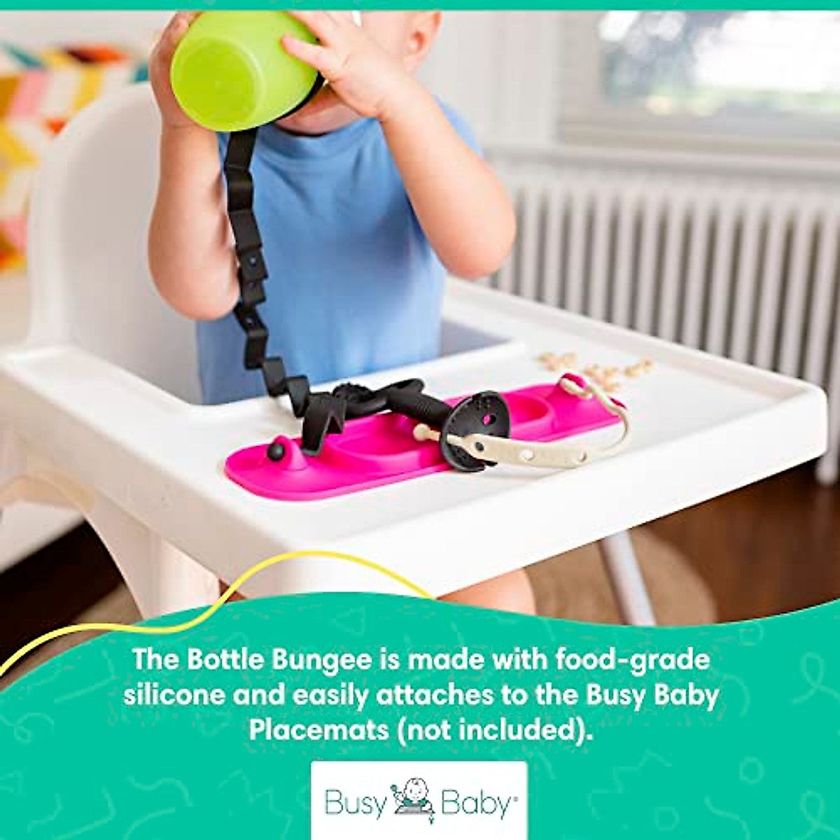 Busy Baby Bottle Bungee - Sippy Cup Strap - Keep Bottles and Sippy Cups Off The Floor - Great for Babies, Toddlers and Kids - Food Grade Silicone - Dishwasher Safe - Spearmint