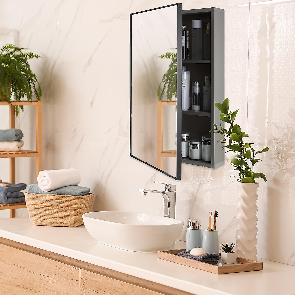 Suzile Medicine Cabinets with Mirror Bathroom Mirror Medicine Cabinet Wall Mounted Framed Recessed Bathroom Medicine Cabinet with Mirror 16 x 24 inch Mirror Cabinet Size (Light Grey,1 Pack)