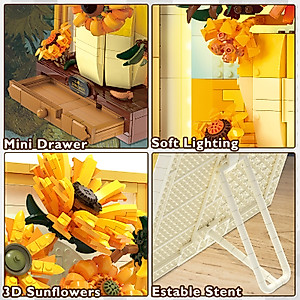 JMBricklayer Flowers Sunflower Building Sets for Adult with Lights 70004, Van Gogh Wall Art Crafts Ideas Flower Bouquet, Painting Frame Room Decor, Valentine’s Day Birthday Gifts for Women Girl