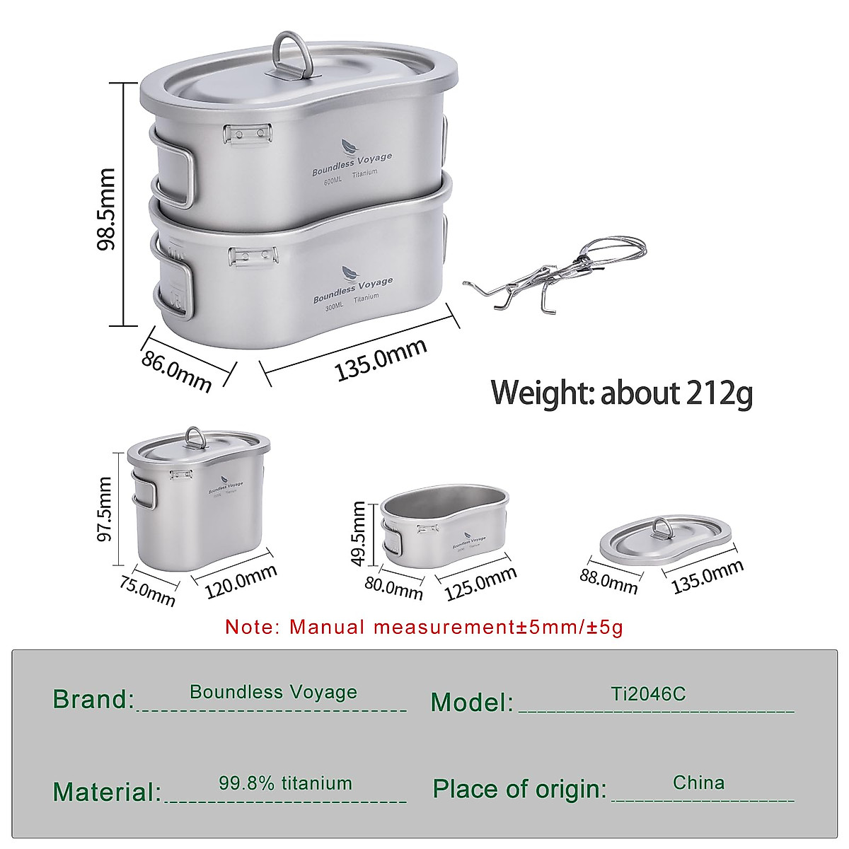 usharedo Boundless Voyage Titanium Camping Pots Set with Hanging Ring Ultralight Portable Bowl Picnic Cookware Titanium Canteen Mess kit for Outdoor Hiking Backpacking Mountaineering Ti15123B