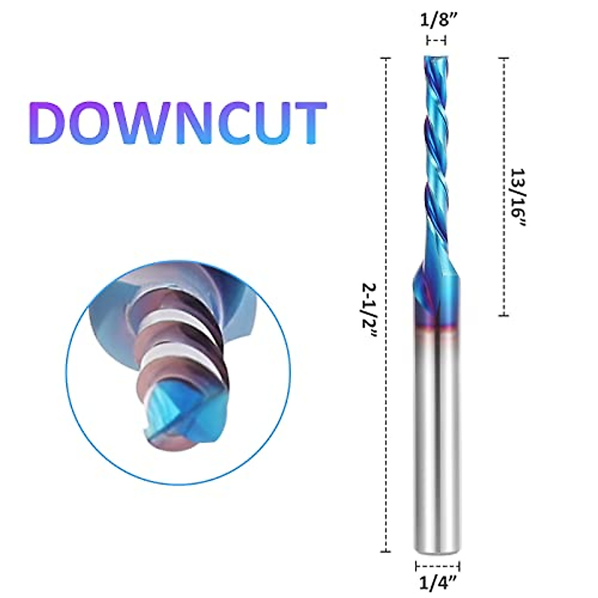 HQMaster 5 Pcs Spiral CNC Router Bits Set Down Cut 1/4” Shank Solid Carbide Spiral Downcut CNC Bits with Nano Blue Coating End Mill for Wood Cut Carving Engraver 1/8" Cutting Dia.
