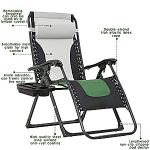 FDW Oversized Padded Zero Gravity Chair Lounge Chair Outdoor Patio Recliner with Cup Holder Adjustable Headrest for Patio Pool Deck Camping Support 380lbs (1, Green)