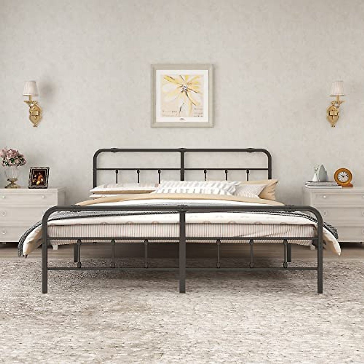 ZIRUWU King Size Metal Platform Bed Frame with Headboard Footboard Extra Strong Support No Box Spring Needed Noise Free Easy Assembly Black