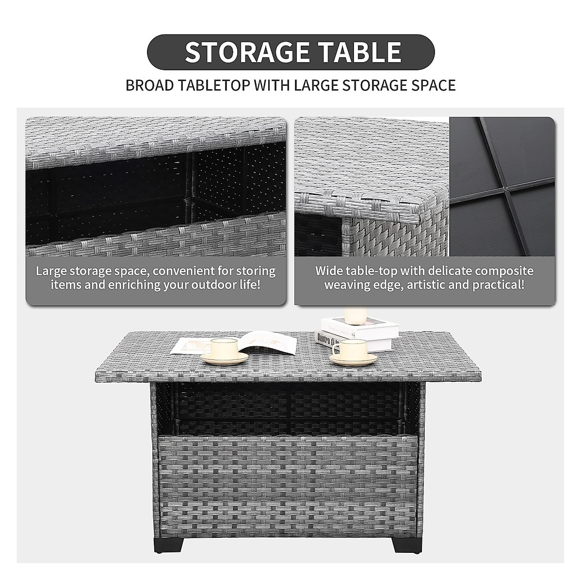 Rattaner 9-Piece Outdoor Sectional Wicker Furniture Set Patio Furniture Conversation Couch Set Large-size Storage Table with Thicken(5") Anti-slip Light Grey Cushions Furniture Cover