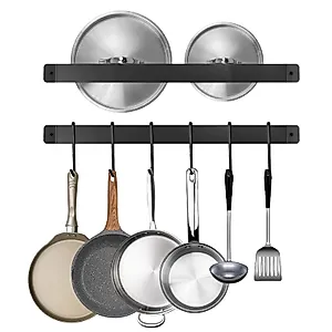 BIHOMIFI 2 Pack Steel-made Kitchen Utensil Rack Organizer Wall-mounted Pot Pans Wall Hanger Holder for Coffee Mug Rack Cup Hanging Kitchen Black with 10 S Hooks